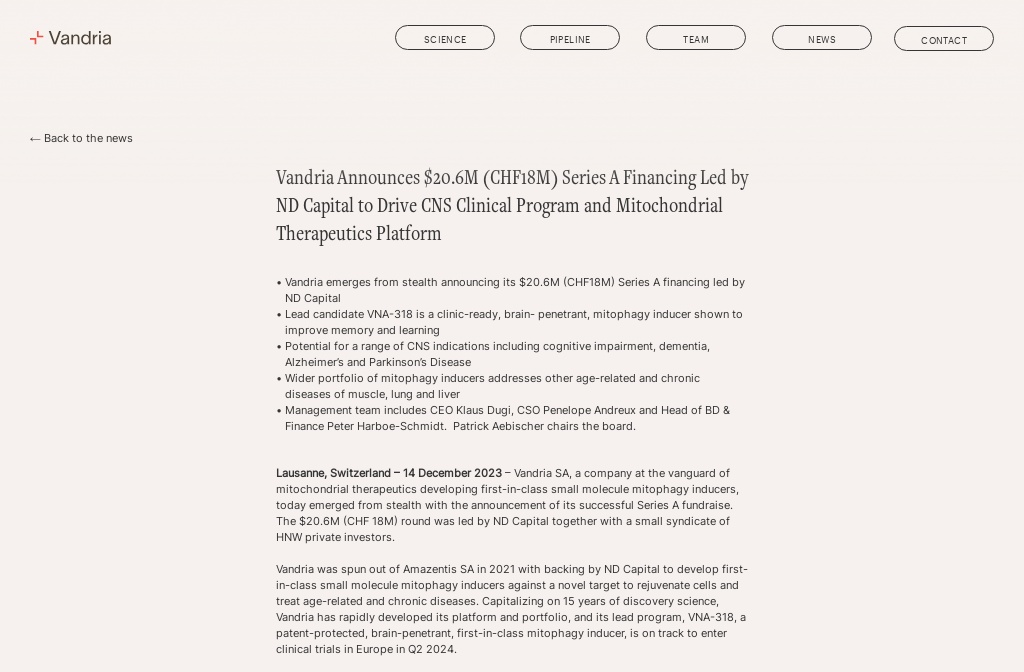 Vandria — News - Press release n°1